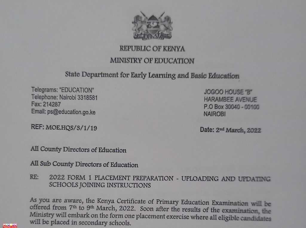 MoE Issues Directive Regarding 2022 Form 1 Placement - Teacher.co.ke